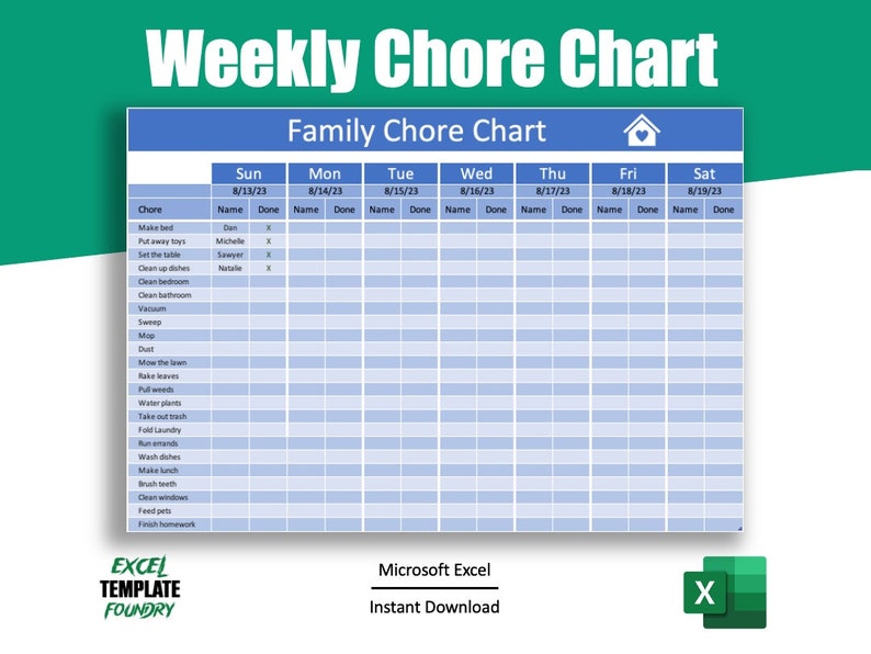Weekly Chore Chart Excel Template for Family or Kids - Etsy