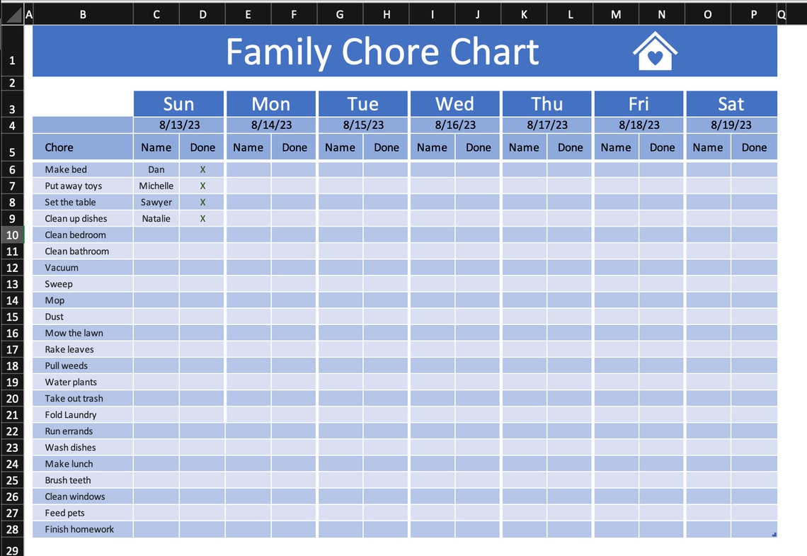 Weekly Chore Chart Excel Template for Family or Kids - Etsy