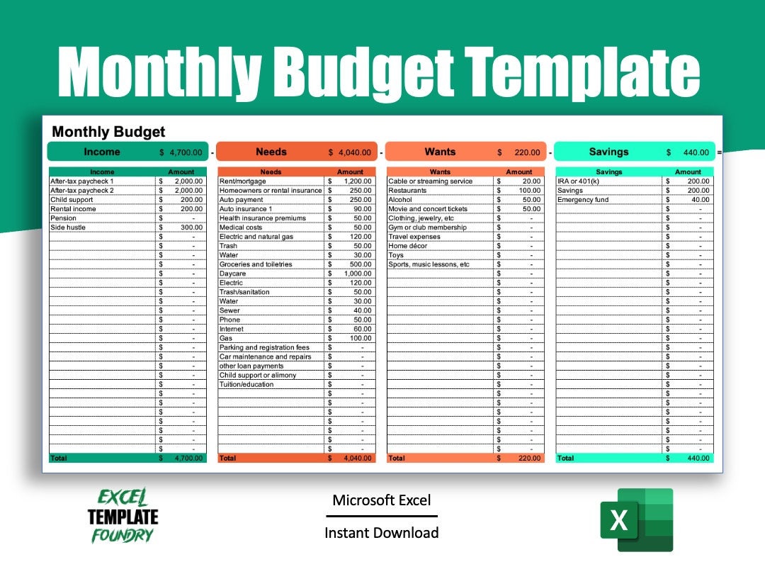 Monthly Personal or Family Budget Excel Template - Etsy