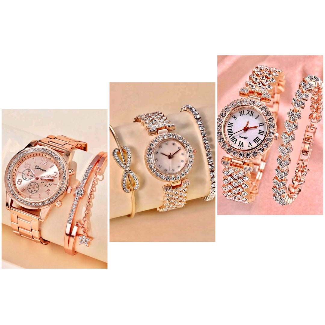 Rhinestone Crystal Triple Dial Quartz Wrist Watch and Bracelet - Etsy