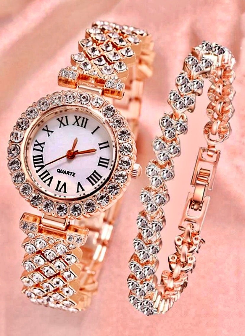 Rhinestone Crystal Triple Dial Quartz Wrist Watch and Bracelet - Etsy