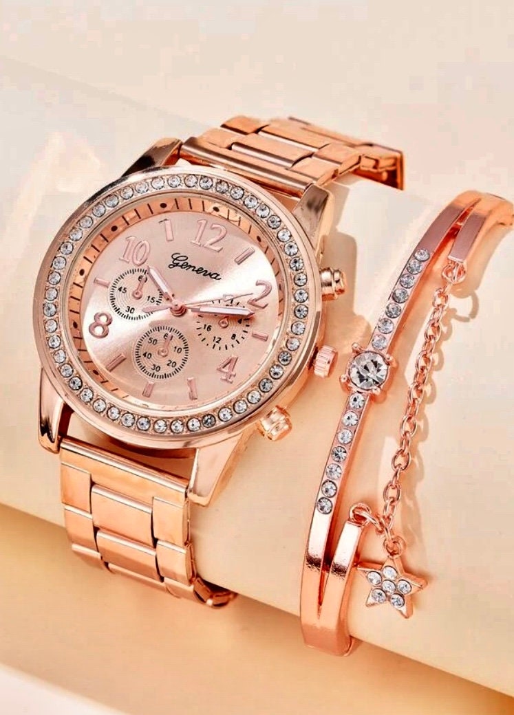 Rhinestone Crystal Triple Dial Quartz Wrist Watch and Bracelet - Etsy