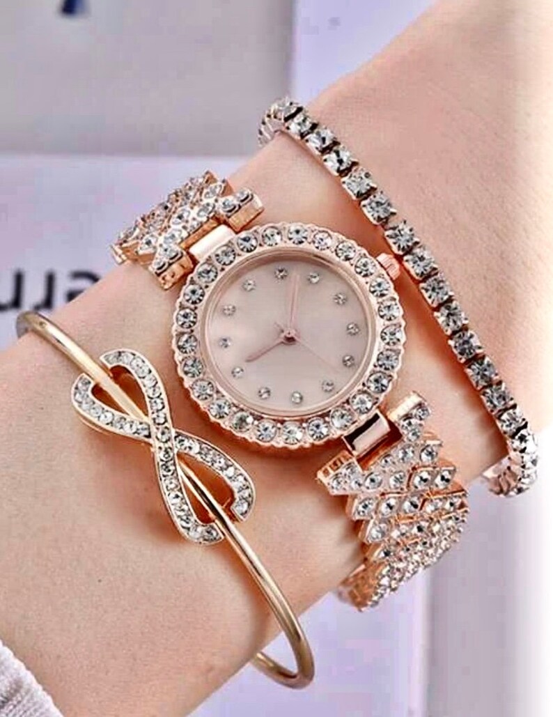 Rhinestone Crystal Triple Dial Quartz Wrist Watch and Bracelet - Etsy