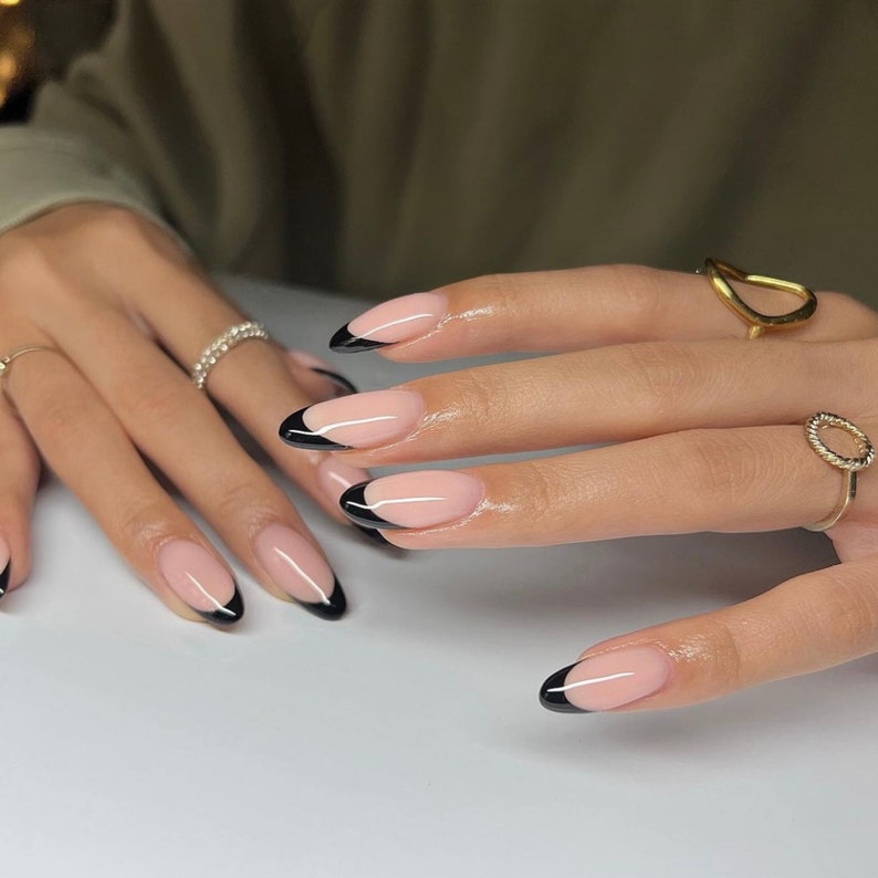 I Classic Black French Tips I Almond Shaped I Luxury - Etsy