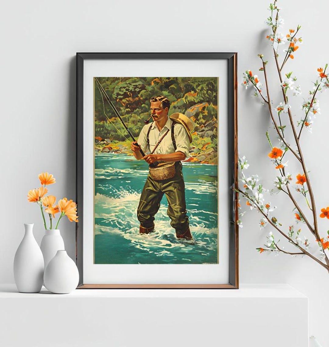 Angler Watercolor Fishing Print, Trout Fisherman Gift, Mountain River ...