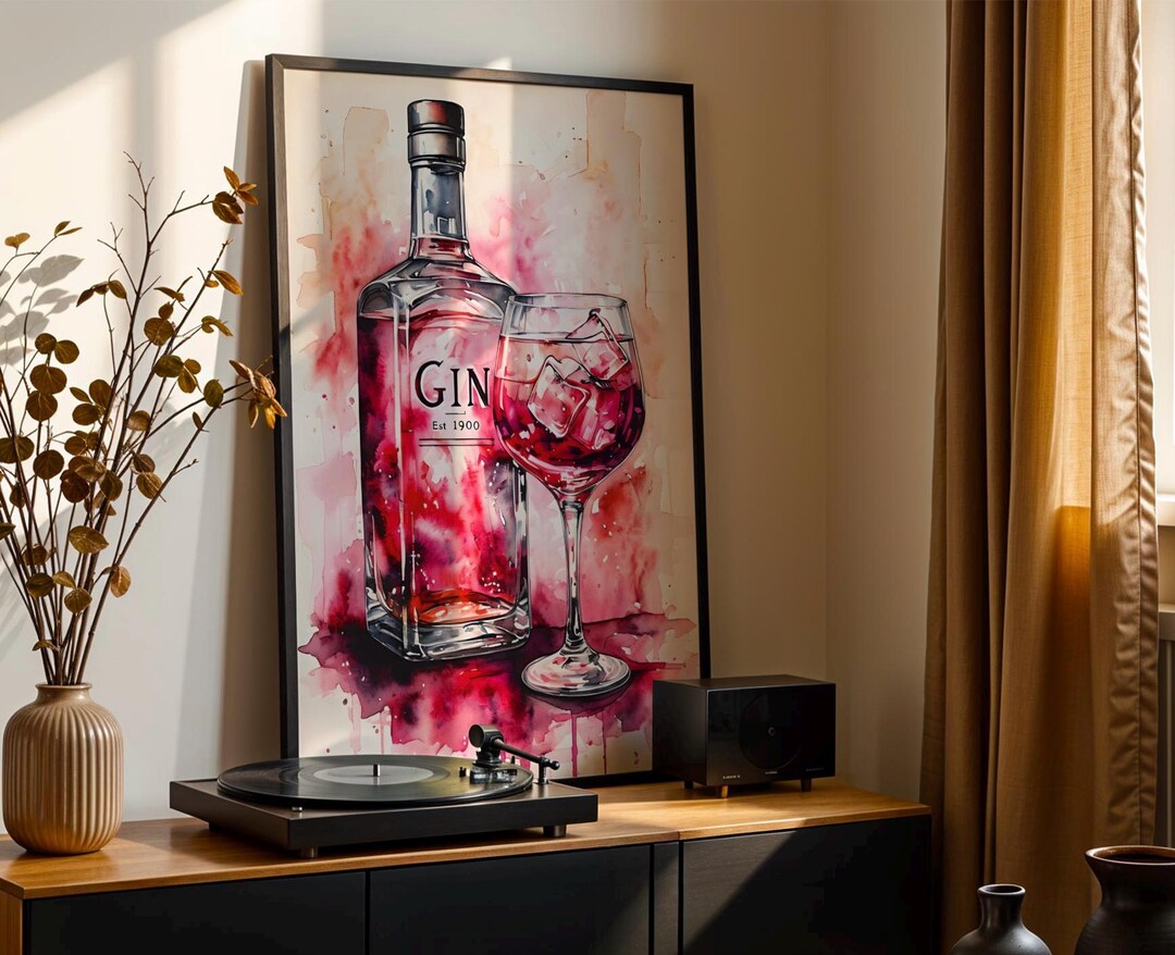 Pink Gin Digital Art, Gin and Tonic Poster, Gordons Gin Watercolor, Gin Bottle Wall Art, Alcohol ...