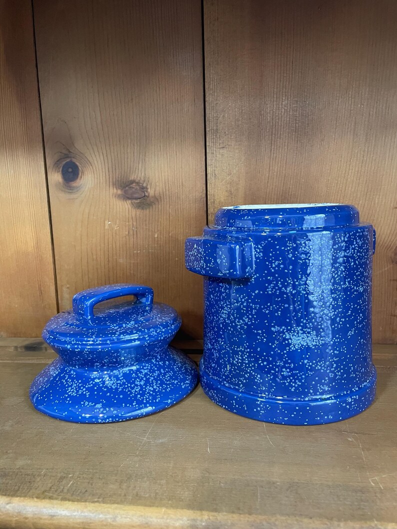 Vintage Blue Ceramic Crock With Lid, Farmhouse Kitchen and Home Decor ...