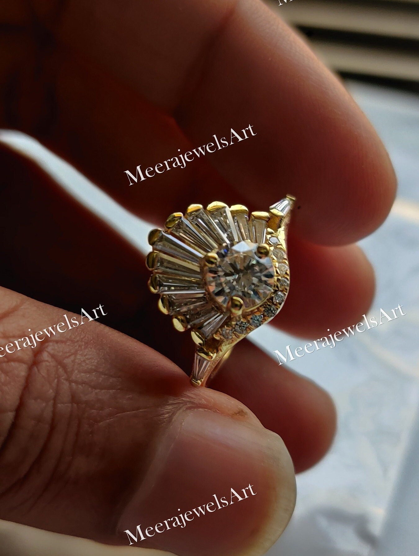 14k Yellow Gold Art Deco Style 2.10 Ct White Diamond and Accent Bugatti ...