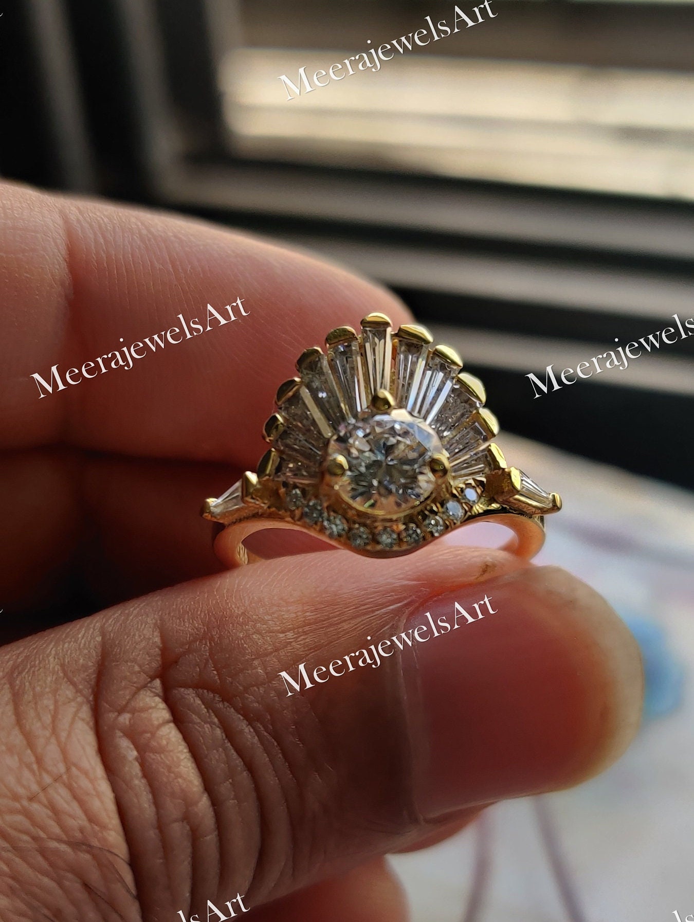 14k Yellow Gold Art Deco Style 2.10 Ct White Diamond and Accent Bugatti ...