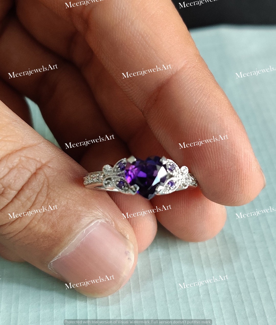 Butterfly Ring / Promise Ring / 1.05 CT Heart Cut Purple Amethyst & Lab ...