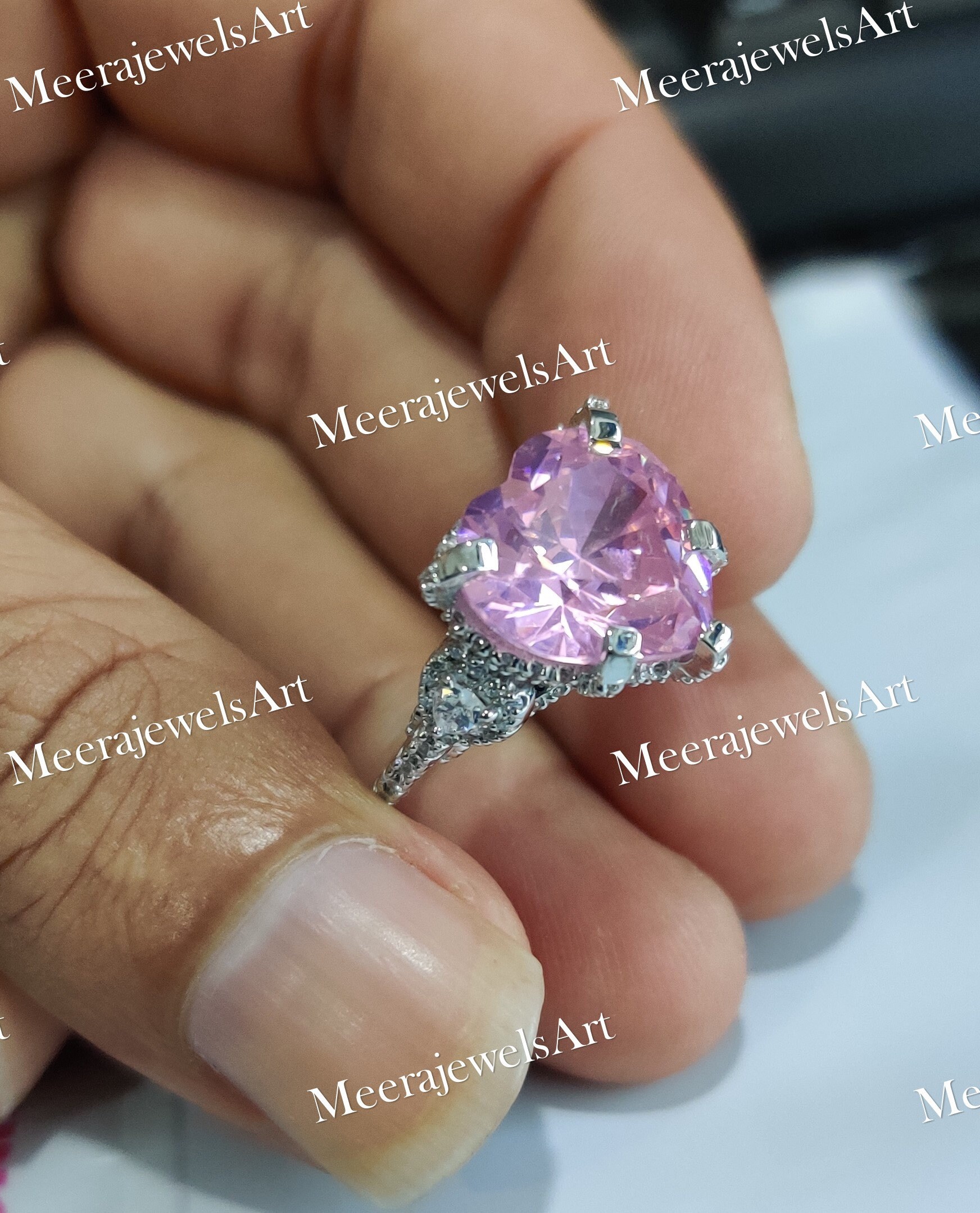 Sparkling Pink Heart Shape CZ Diamond Statement Ring / Pink Heart Cut ...