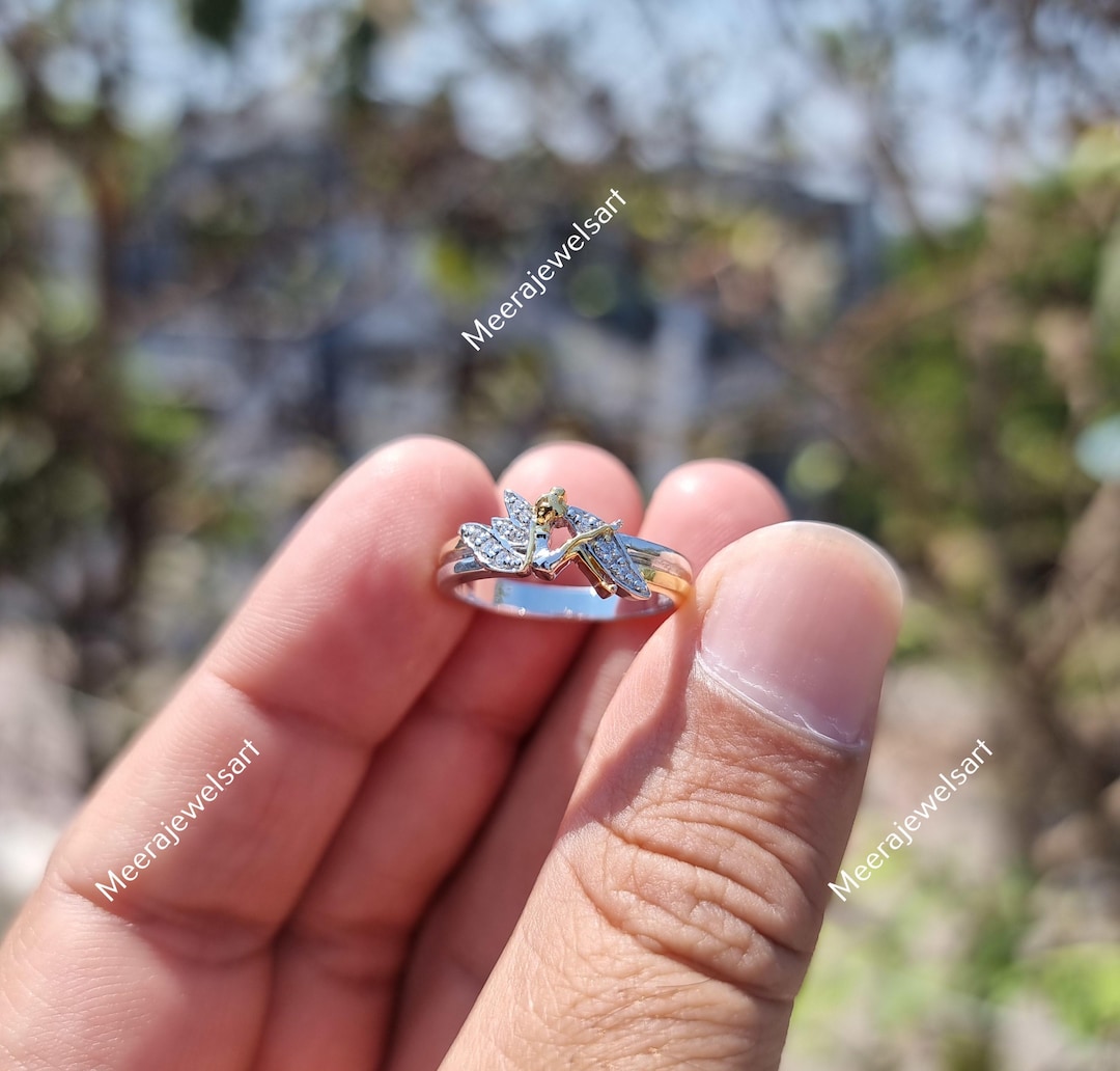 Tinker Bell Angel Wing Ring, Round Cut Moissanite, Two-tone Gold Fairy ...