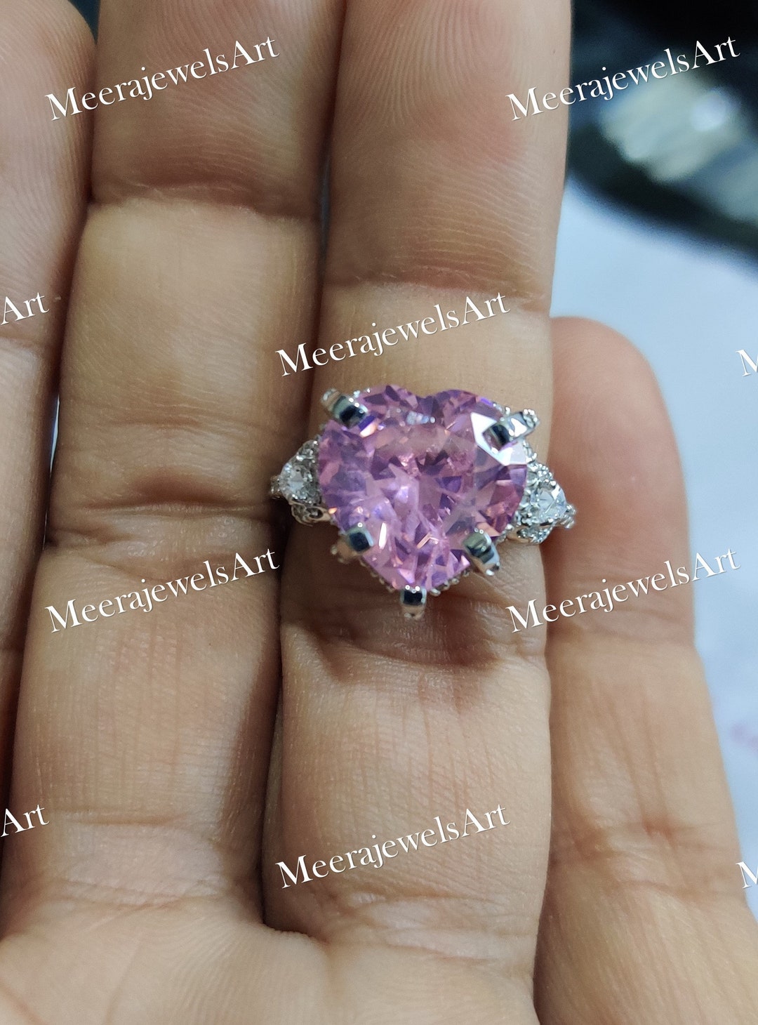 Sparkling Pink Heart Shape CZ Diamond Statement Ring / Pink Heart Cut ...