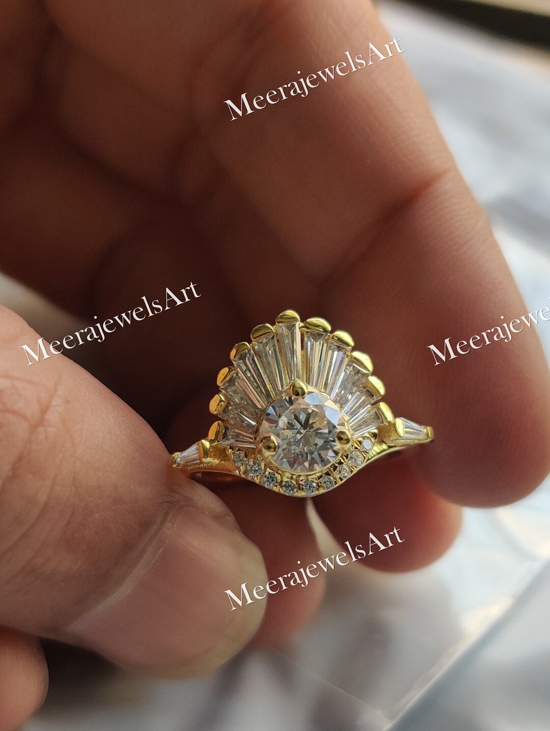 14k Yellow Gold Art Deco Style 2.10 Ct White Diamond and Accent Bugatti ...