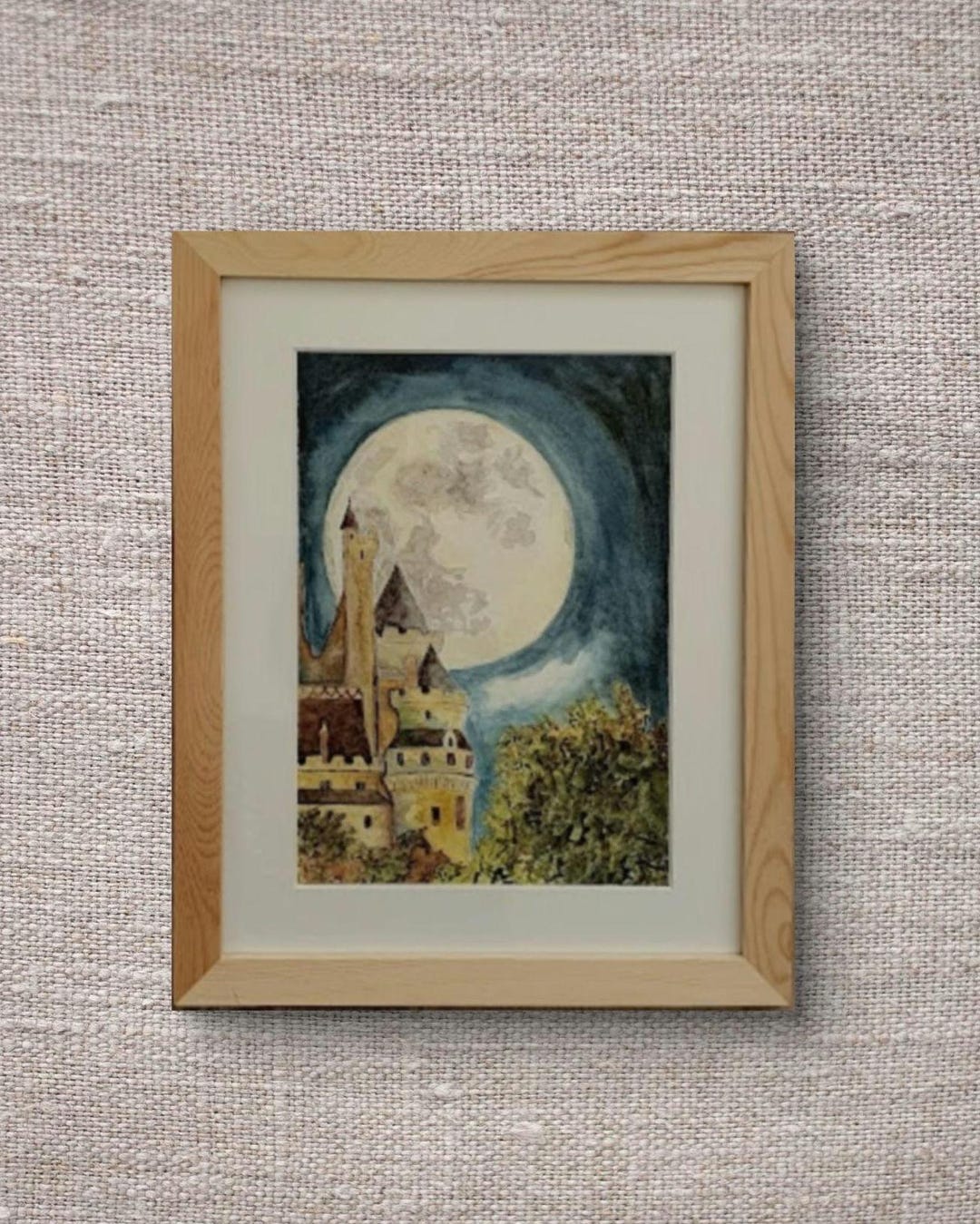 Original Framed Watercolor, Hand-painted Castle Under the Moon / Unique ...