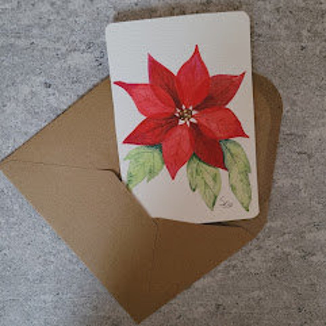 Hand-painted Red Poinsettia Flower Card and Envelope. Original ...