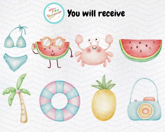 25 PNG Watercolor Summer Clipart,digital Hand Drawn,cute Summer ...