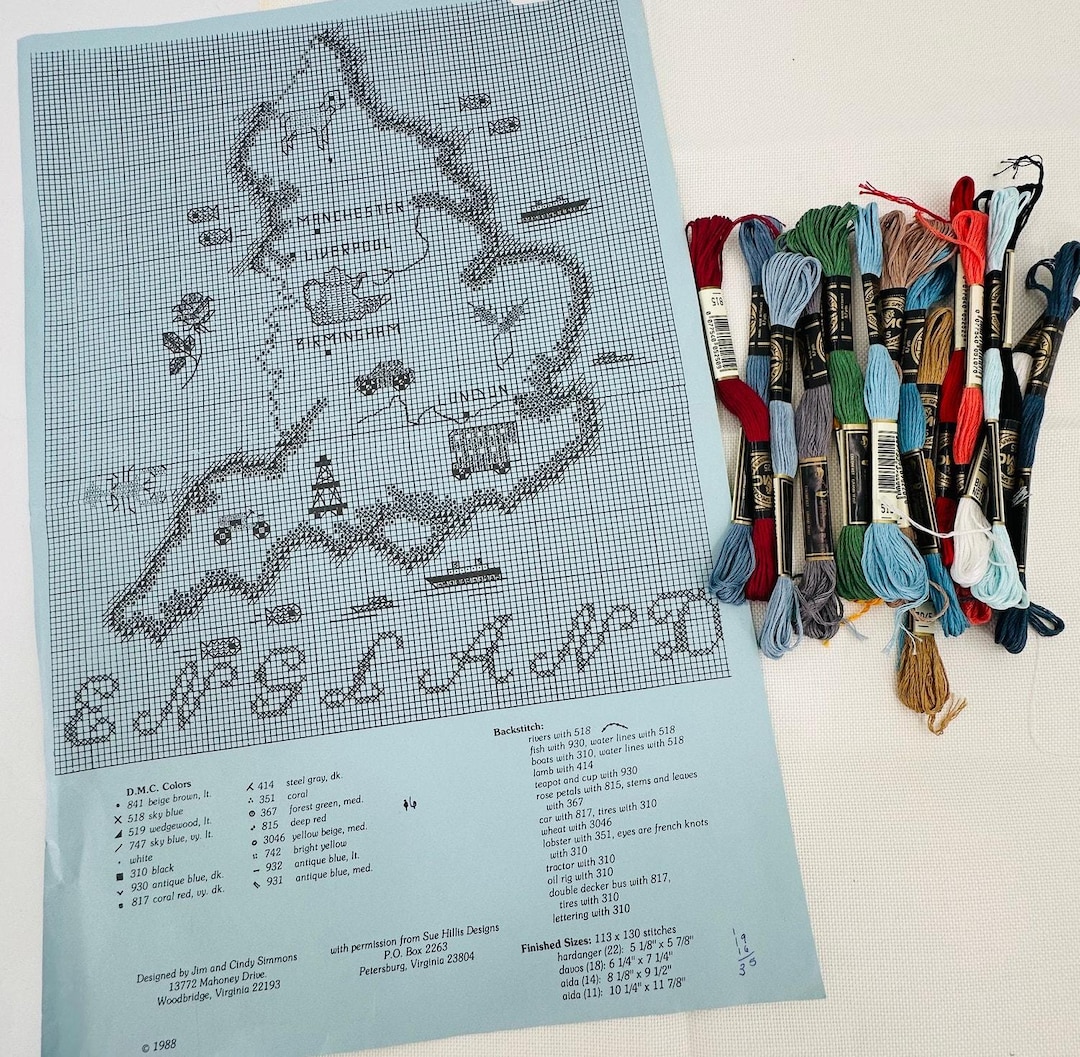 Map of ENGLAND Cross Stitch Pattern Chart Kit DMC Floss Linen LONDON ...