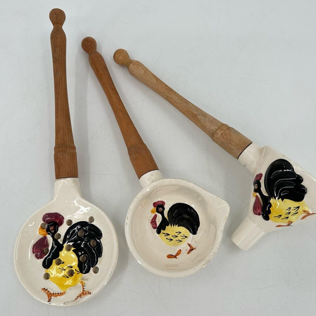 Vintage Chicken Japan Strainer Ladle Ceramic Hand Painted Rooster Wood ...