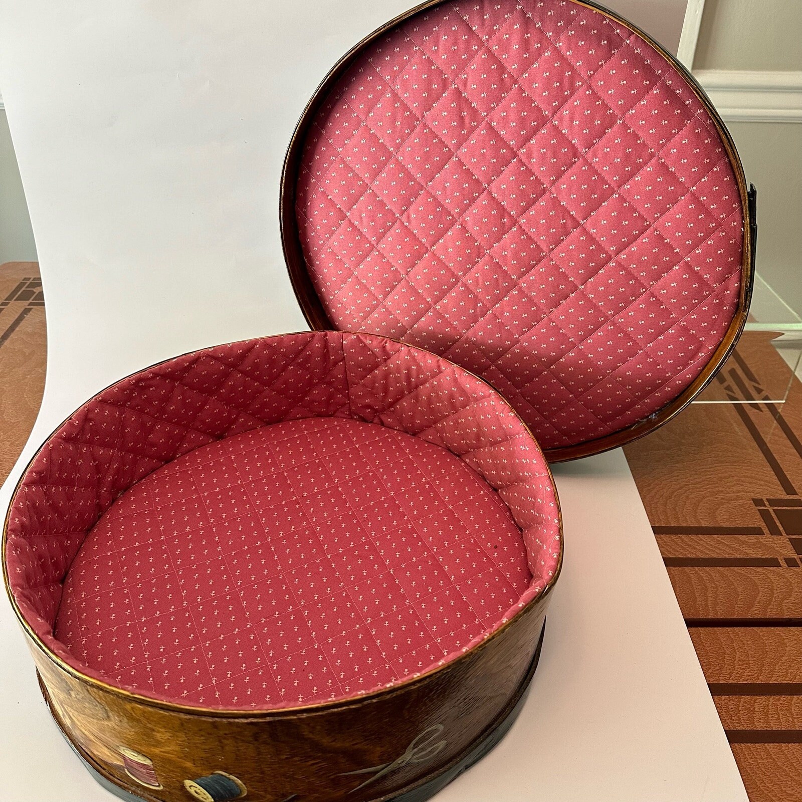 Vintage Hand Painted Cheese Box Upcycled Country Folk Sewing Box ...