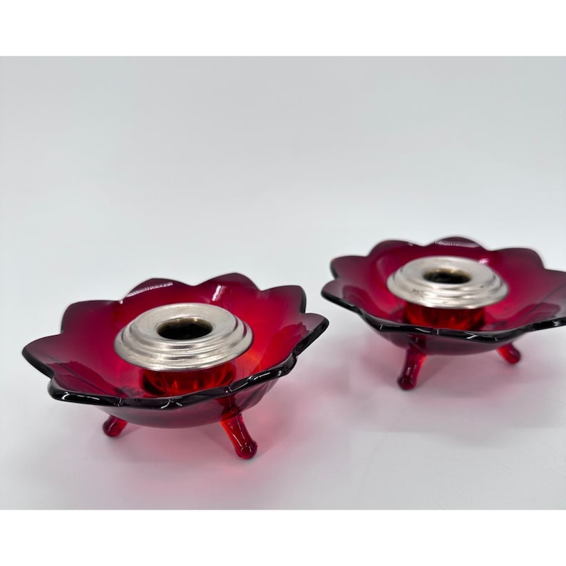 Vintage Fenton Ruby Red Amberina Glass Footed Lotus Candle Holders & Inserts HTF - Etsy