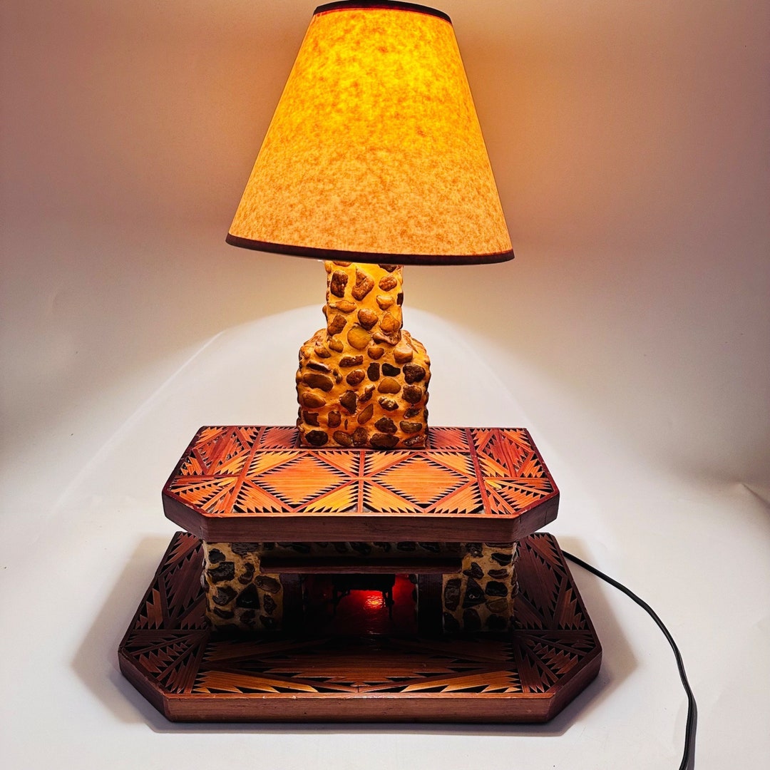 Vintage Tramp Art Stone Fireplace Lamp OOAK Hearth Lights UP Folk Art ...