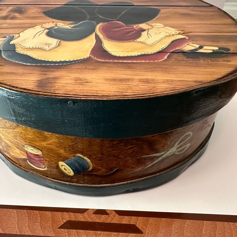 Vintage Hand Painted Cheese Box Upcycled Country Folk Sewing Box ...