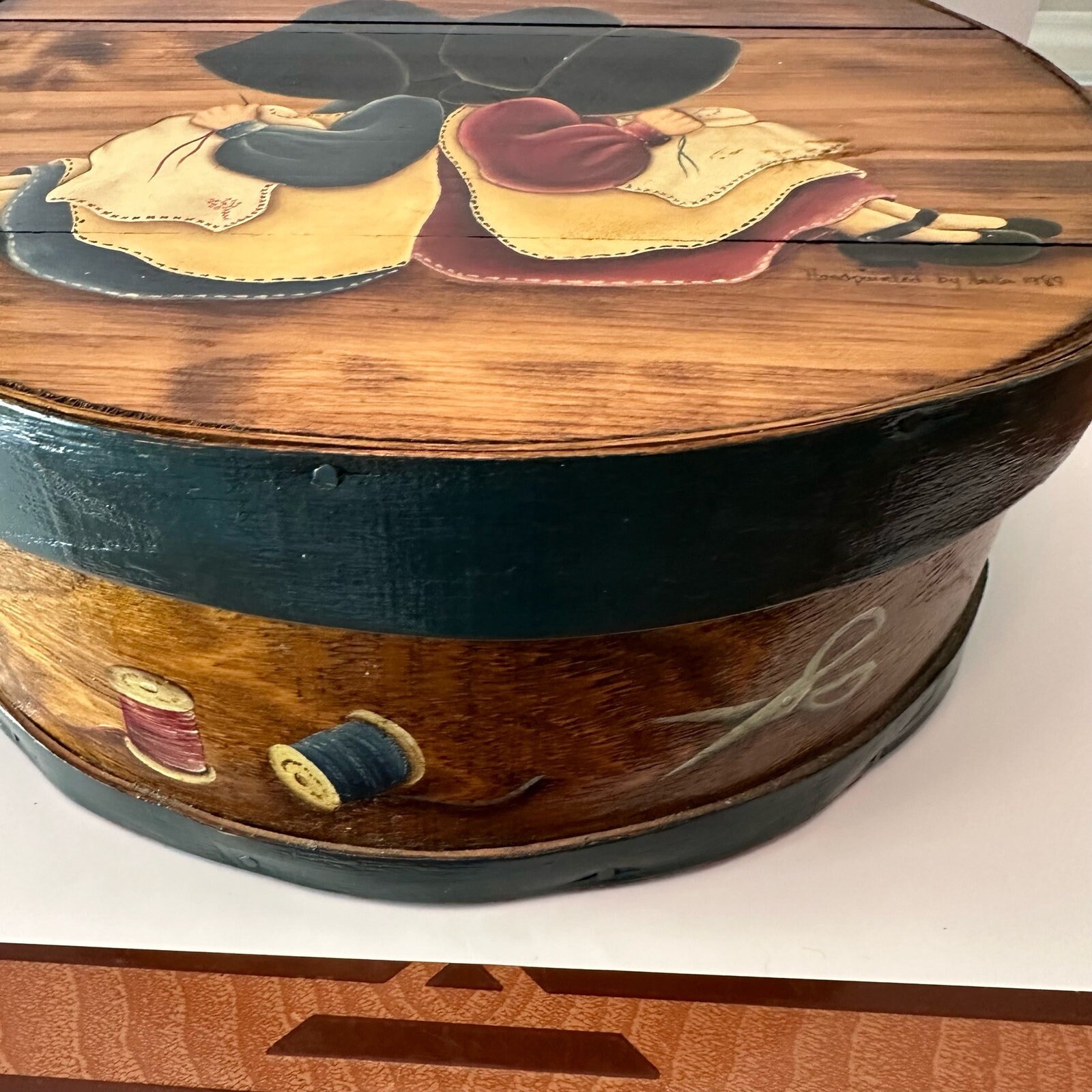 Vintage Hand Painted Cheese Box Upcycled Country Folk Sewing Box ...