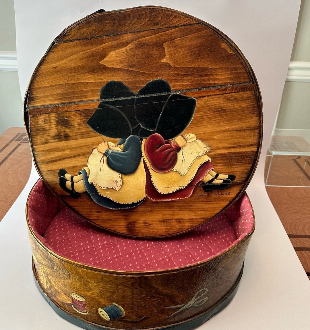Vintage Hand Painted Cheese Box Upcycled Country Folk Sewing Box ...