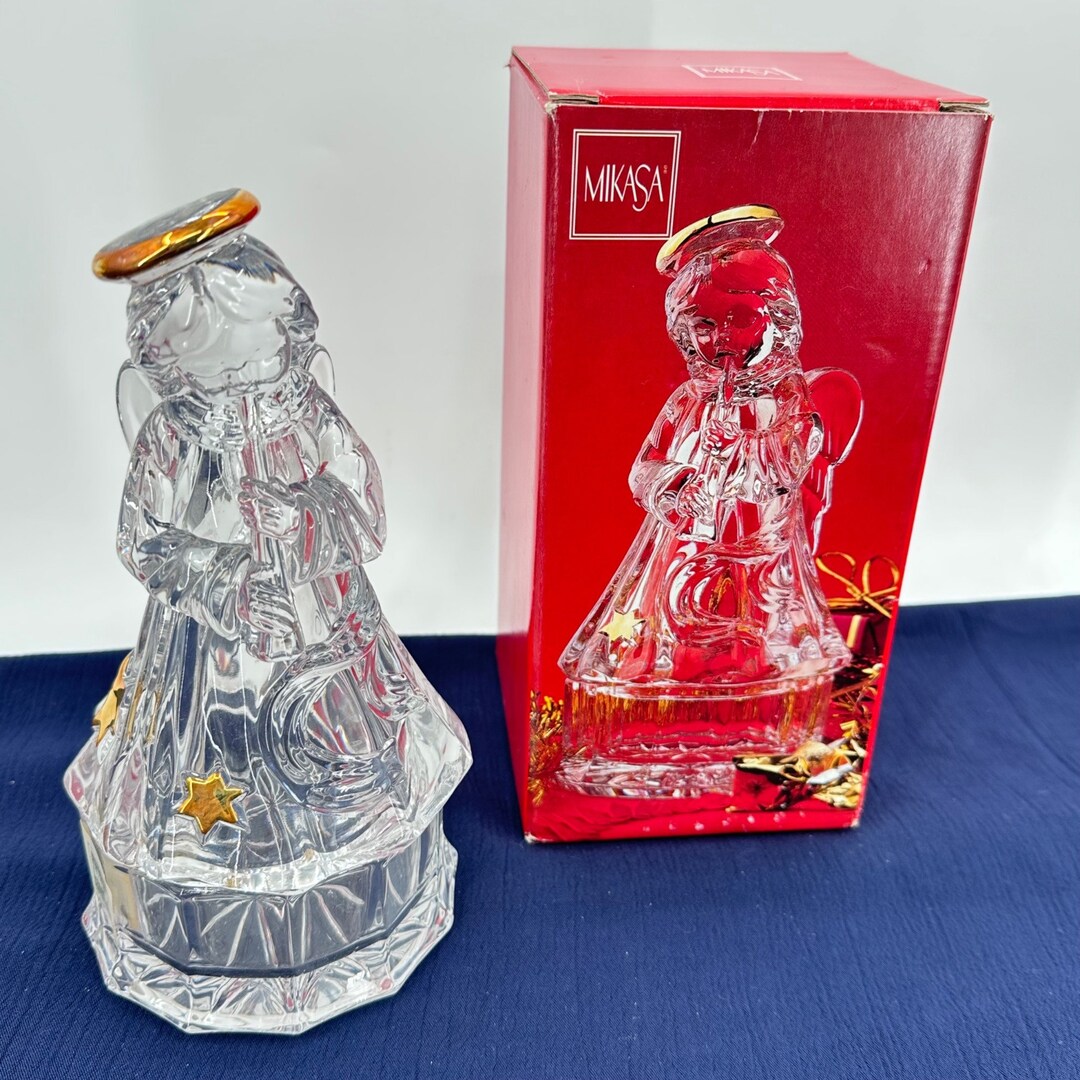 Mikasa Christmas Angel Playing the Flute Trinket Jewelry Box Glass ...