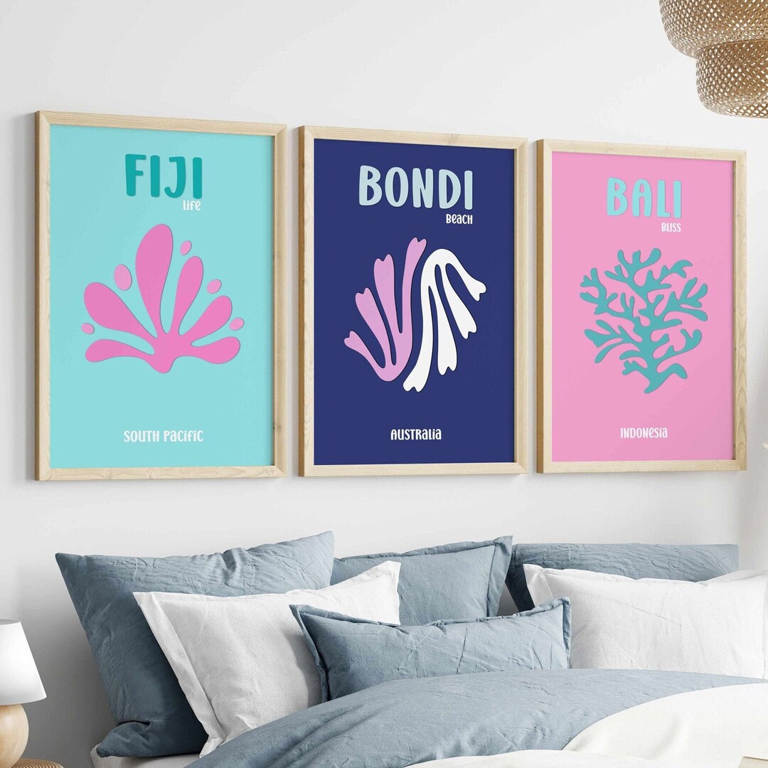 Colorful Travel Poster Set, 3 Piece Wall Art, Beach Travel Poster, Fiji ...
