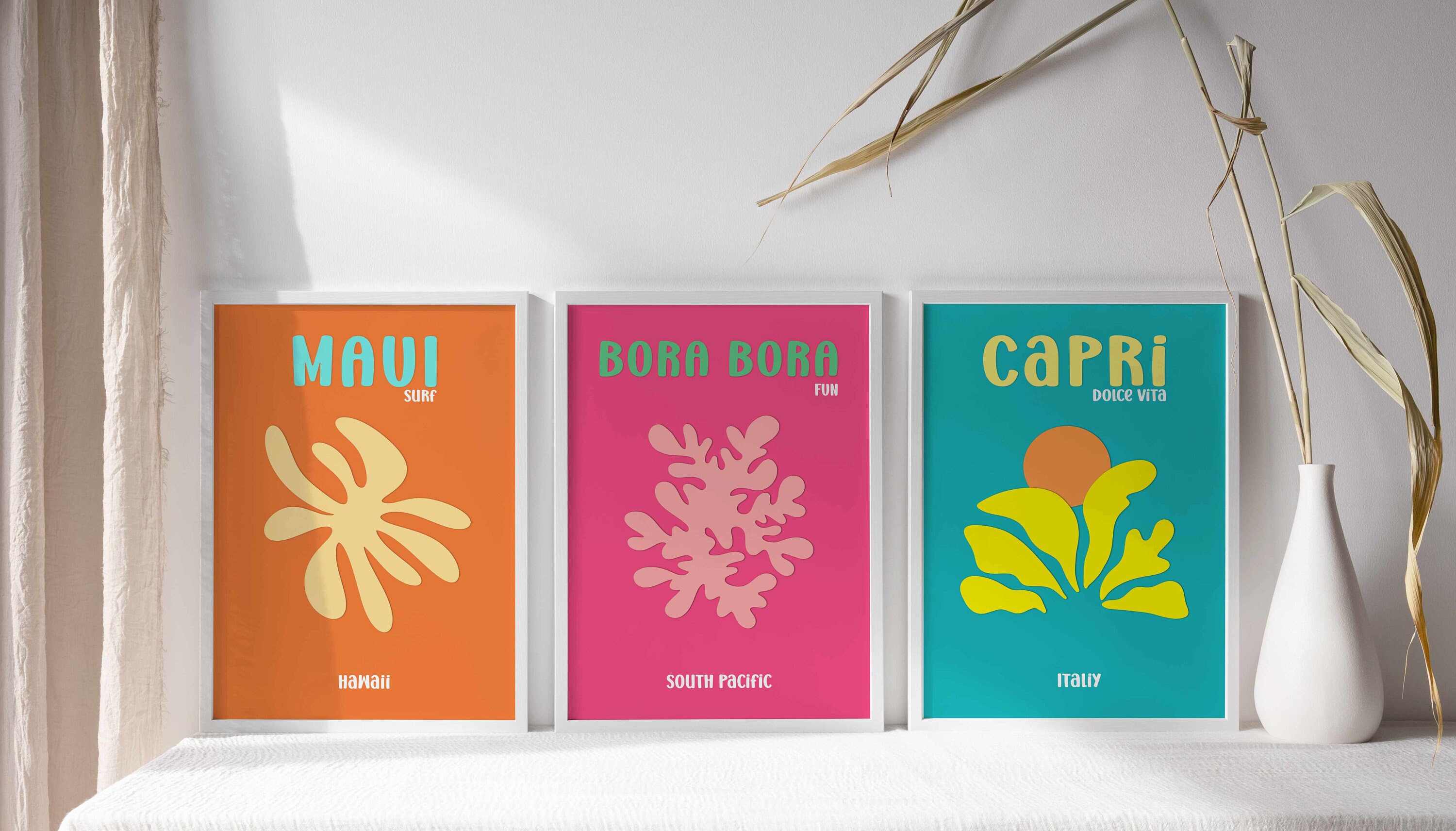 Travel Poster Set, 3 Piece Wall Art, Preppy Room Decor, Capri Bora Bora ...