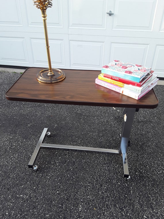 A Vintage Vaunn Medical Adjustable Over Bed Rolling l Shaped Chrome Base Single Column Tilt flat Top Bedside Table desk Home Office Etsy