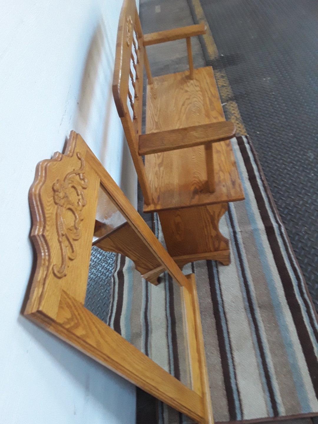 Vintage Tiger Oak Hallway Bench With Spindle Back & Matching Mirror - Etsy