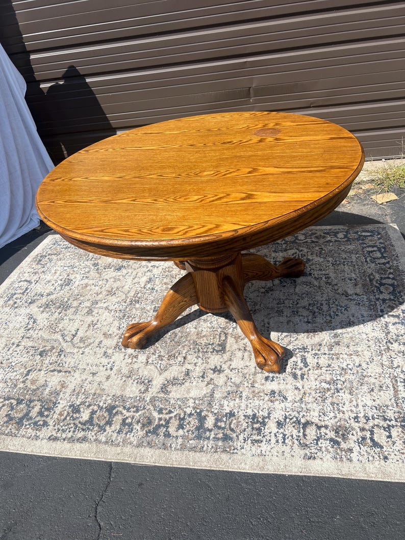 Vintage Solid Oak Dining Table Set: Round Pedestal Table, 4 Pressed ...