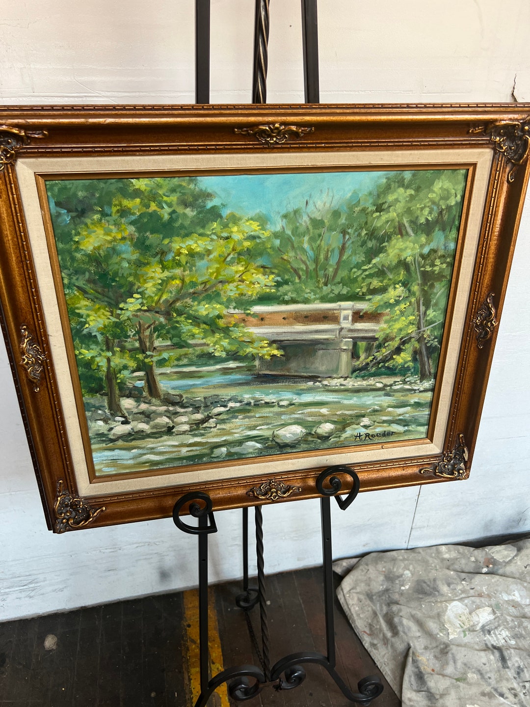 Signed Helen Roeder Watercolor Painting: Brush Hill Bridge With Ornate ...