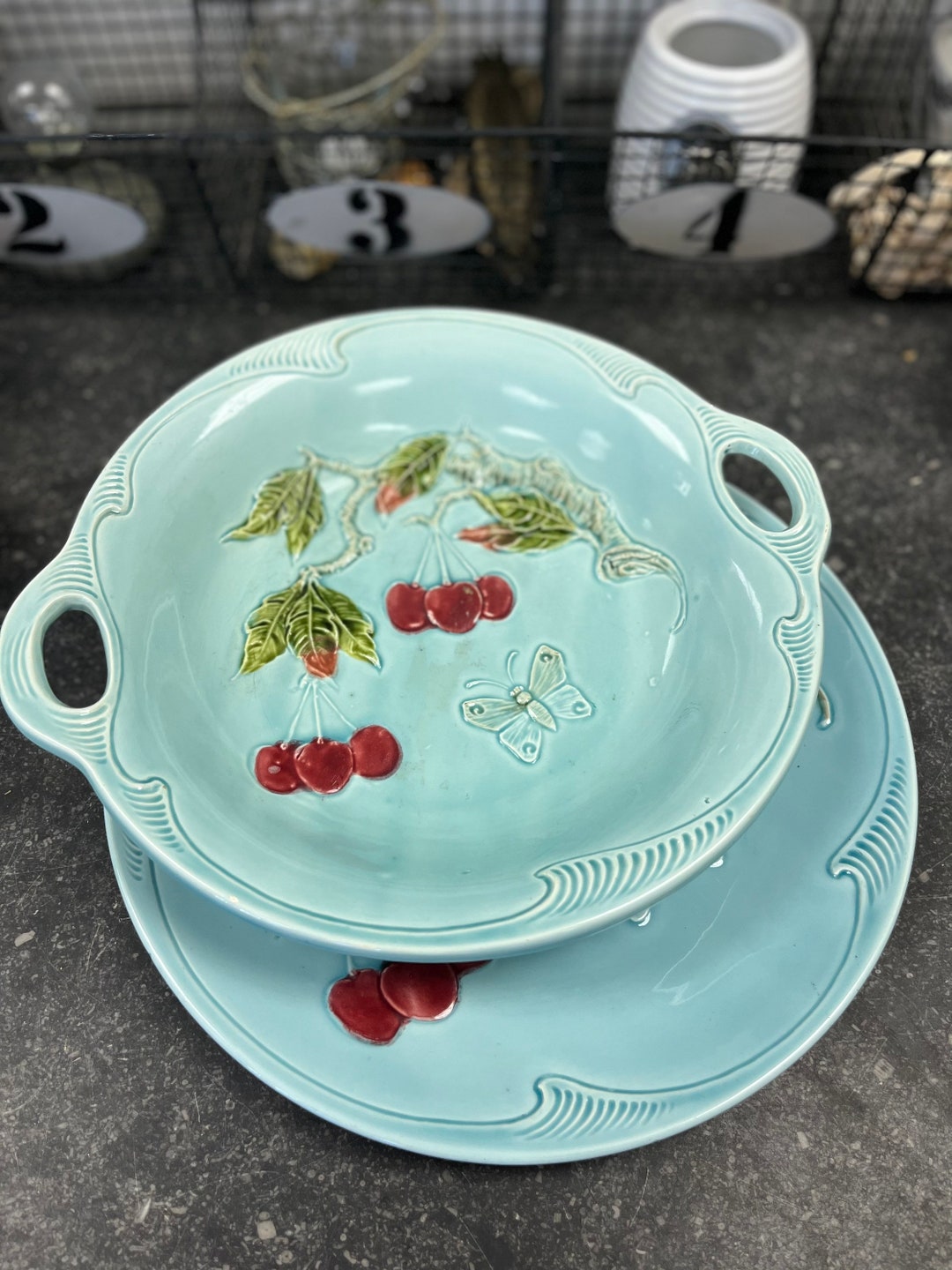Majolica West Germany Turquoise Cherry Plate & Bowl Set - Etsy