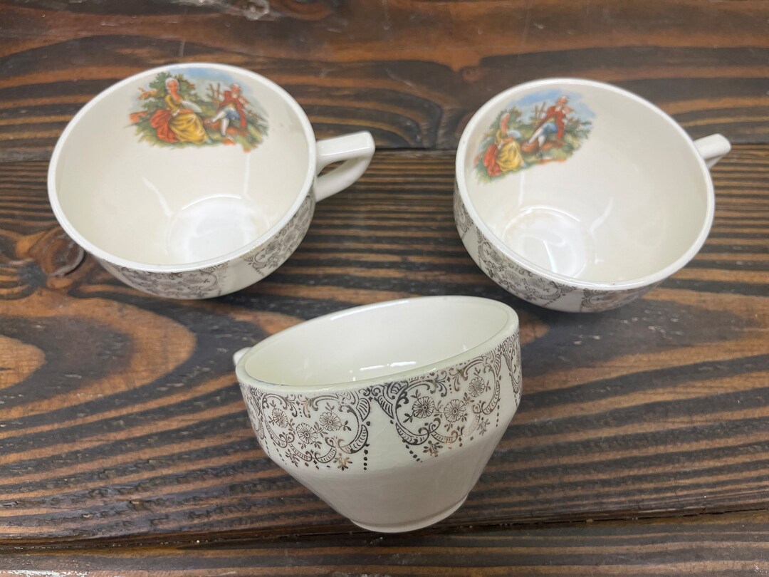 Set of 3 China Tea Coffee Cups Colonial Garden Scene Gold Filagree - Etsy