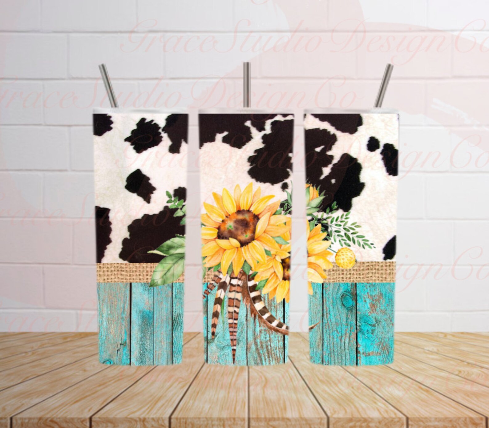 Black Cow Print With Rustic Teal Wood With Sunflower and Burlap 20 Oz ...