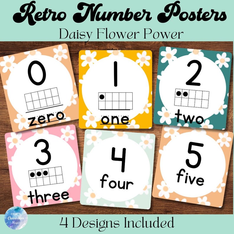 Retro Number Posters Flower Power Daisy Classroom Decor Ten Frames ...