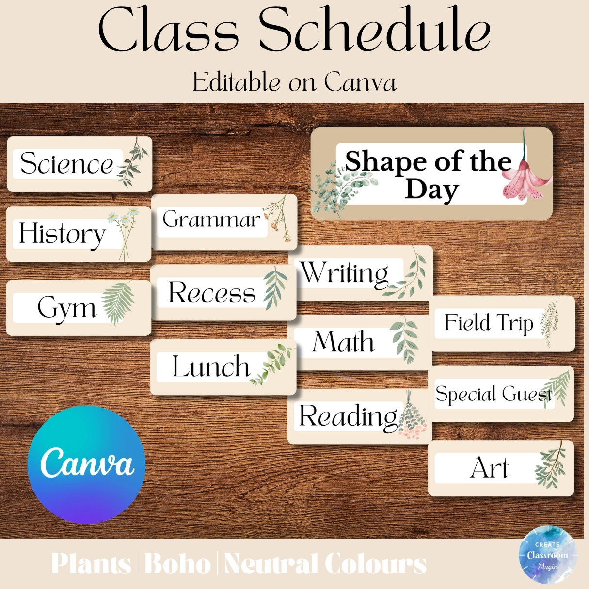 Editable Daily Class Schedule - Shape of the Day - Boho Plant Theme ...