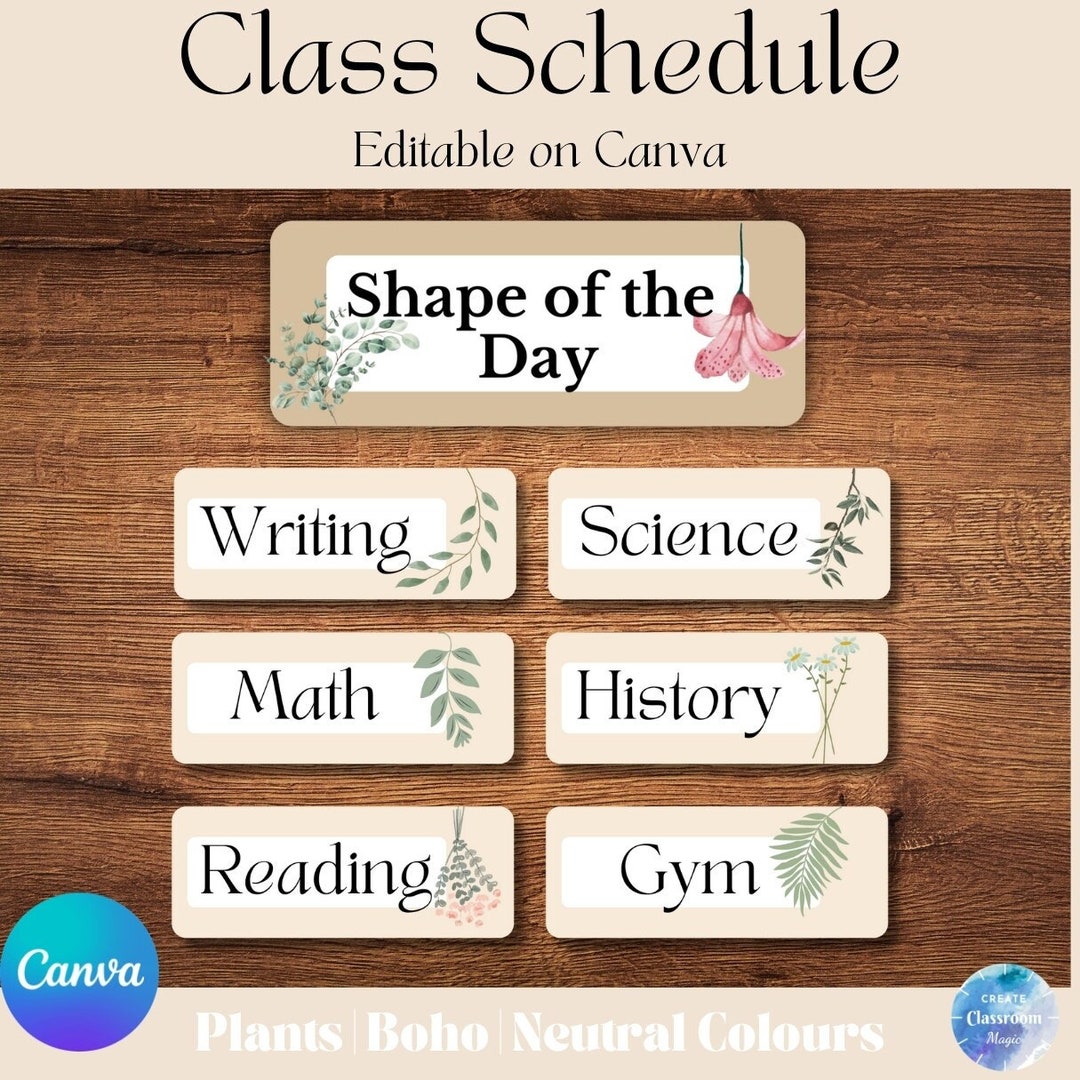 Editable Daily Class Schedule - Shape of the Day - Boho Plant Theme ...