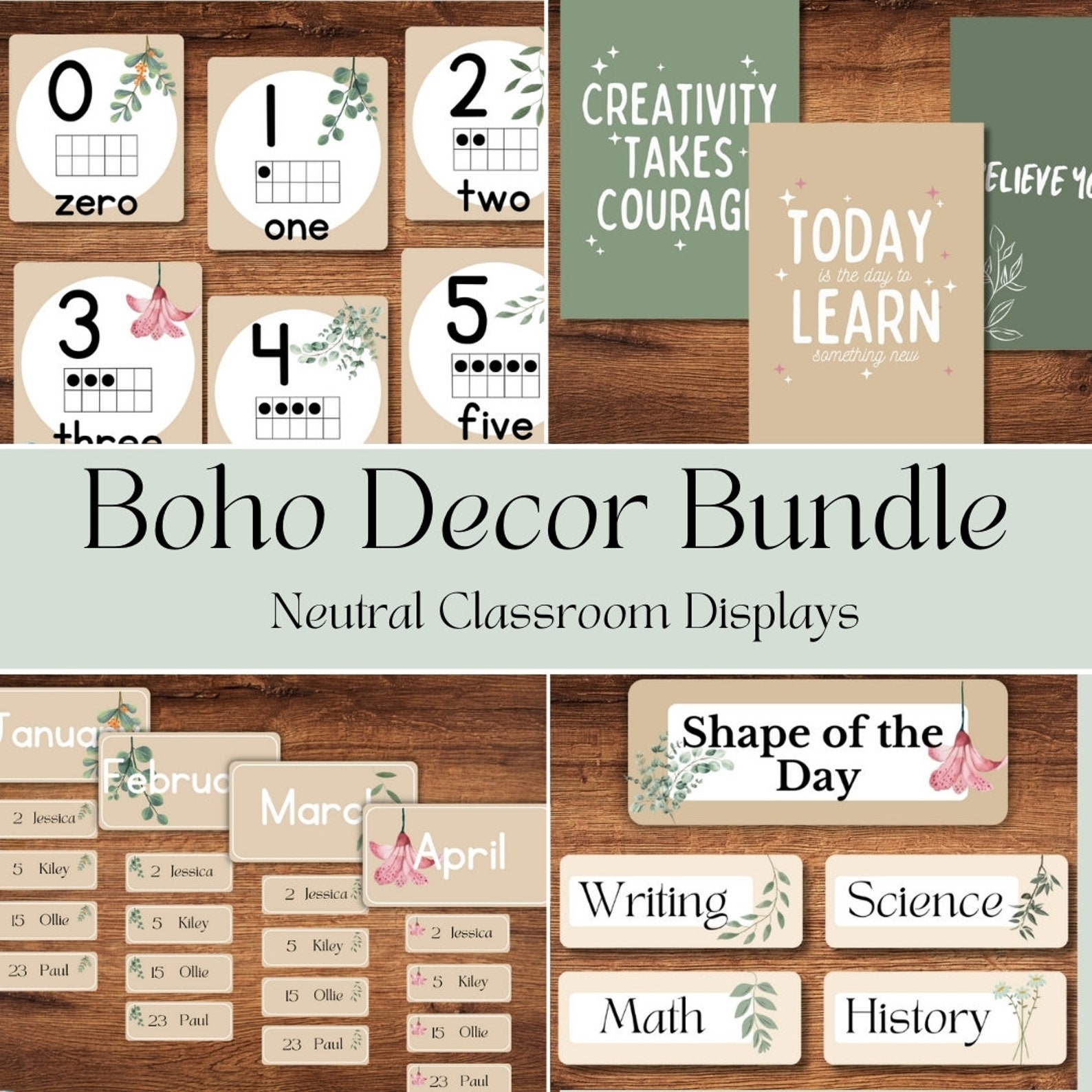 Boho Classroom Decor Bundle - Calm and Neutral Plant Theme - Complete ...