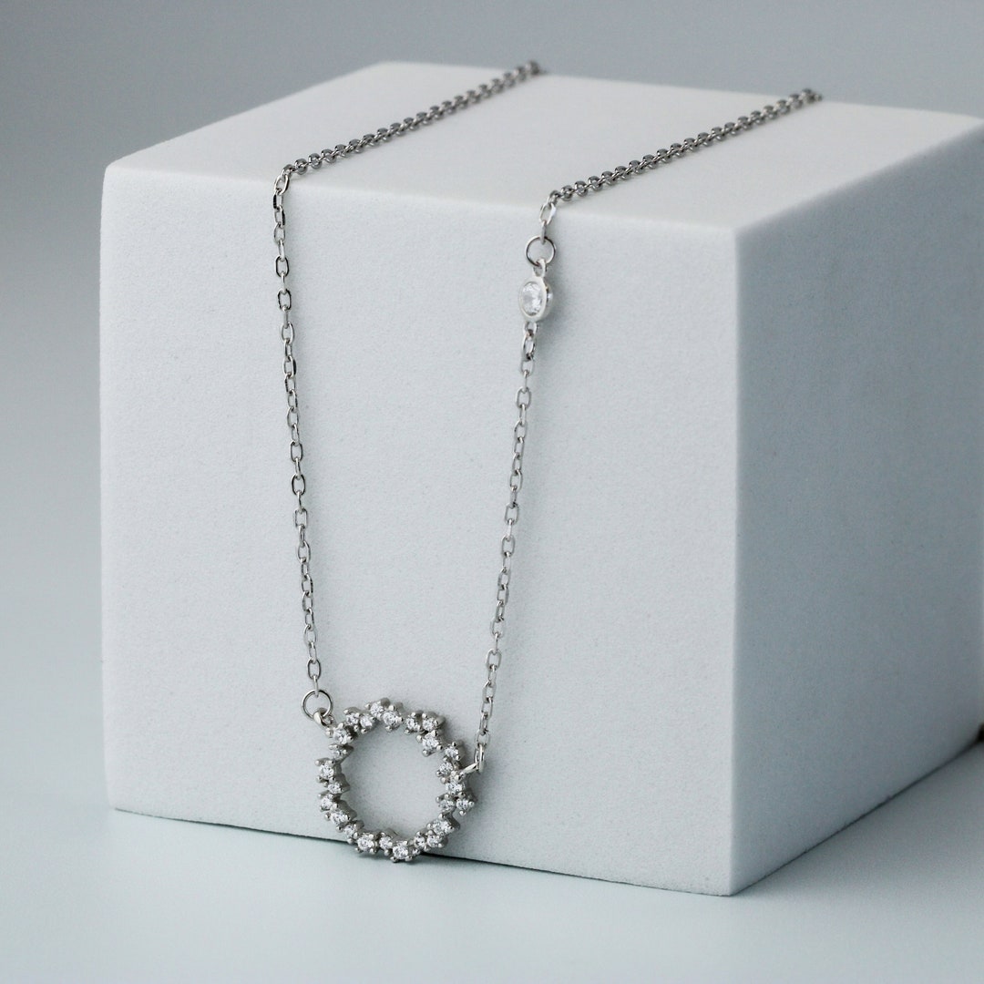 Sterling Silver Crystal Cluster Circle Pendant Necklace, Short Delicate ...