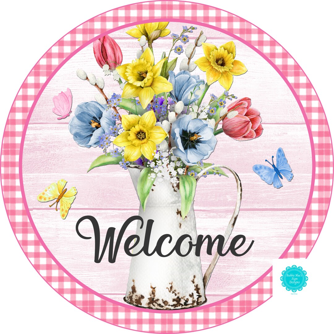 Welcome Sign, Spring Tulip Sign, Spring Flower Pitcher Decor, Everyday ...