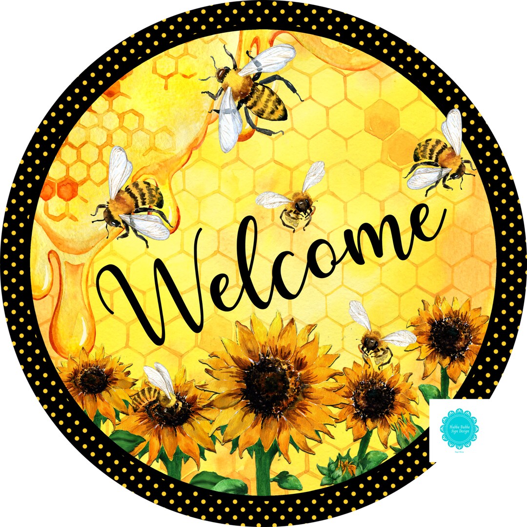 Welcome Bee Sign, Bumble Bee Sign, Summer Sign, Wreath Center, Round ...