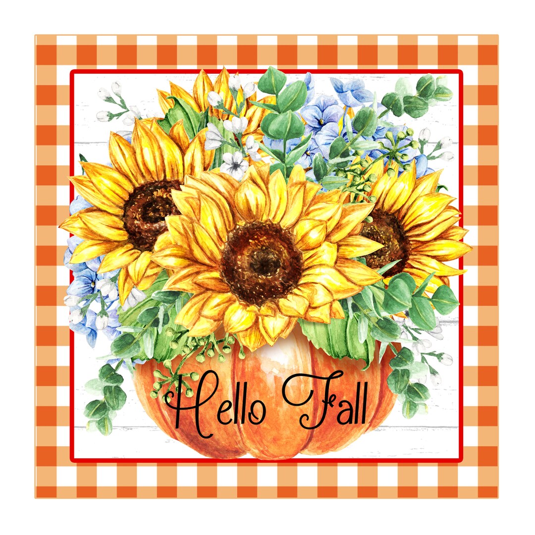 Hello Fall Sign, Fall Pumpkin Sign, Orange and White Buffalo Check ...