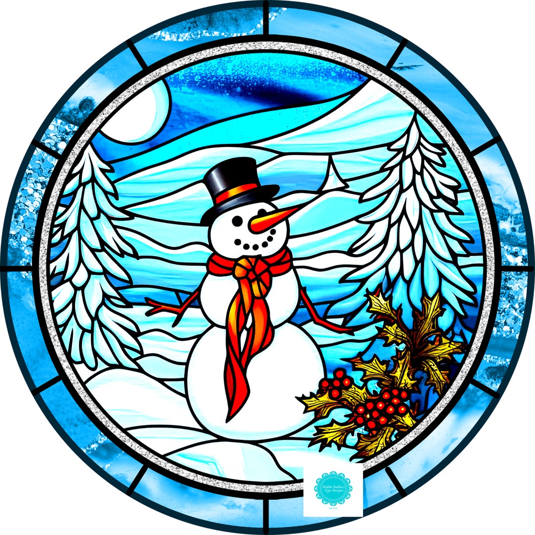 Snowman Stainglass Nighttime Sign, Snowman Winter Scene Sign, Winter ...