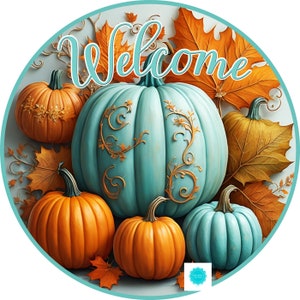 Welcome Sign, Fall Pumpkins & Leaves Sign, Fall Scrolled Pumpkins Sign ...