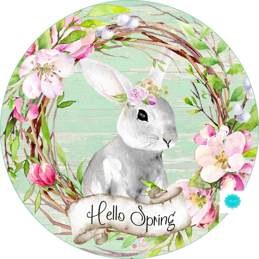 Hello Spring Sign, Bunny Sign, Bunnies With Apple Blossoms Sign, Spring ...